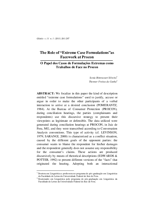 (PDF) The Role of "Extreme Case Formulations"as Facework at Procon O Papel dos Casos de ...