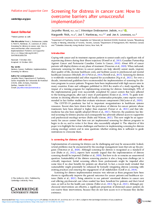 (PDF) Screening for distress in cancer care: How to overcome barriers ...