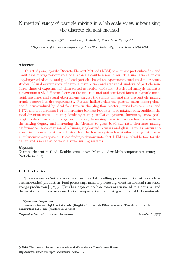 (PDF) Numerical study of particle mixing in a lab-scale screw mixer using the discrete element ...