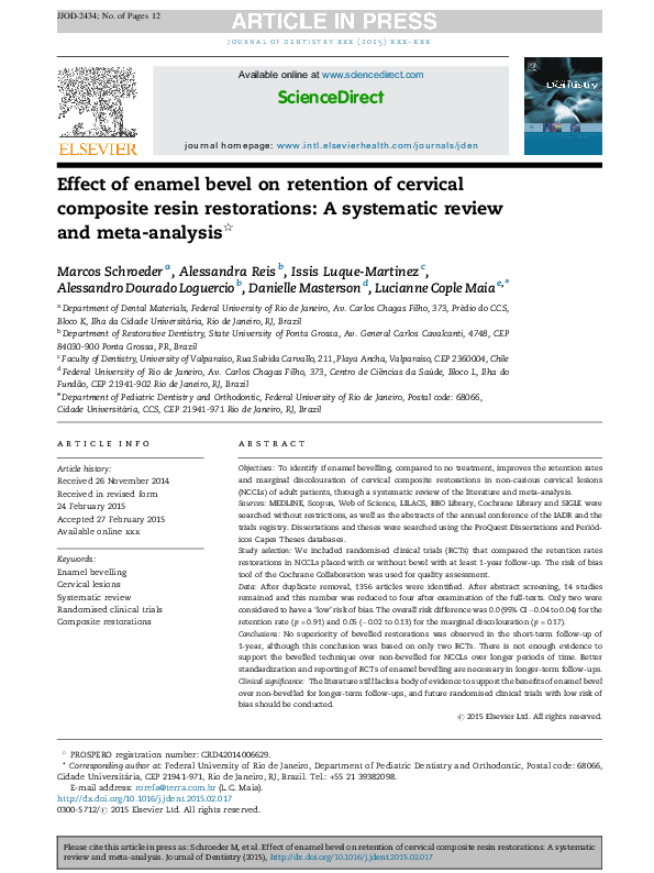 (PDF) Effect of enamel bevel on retention of cervical composite resin ...