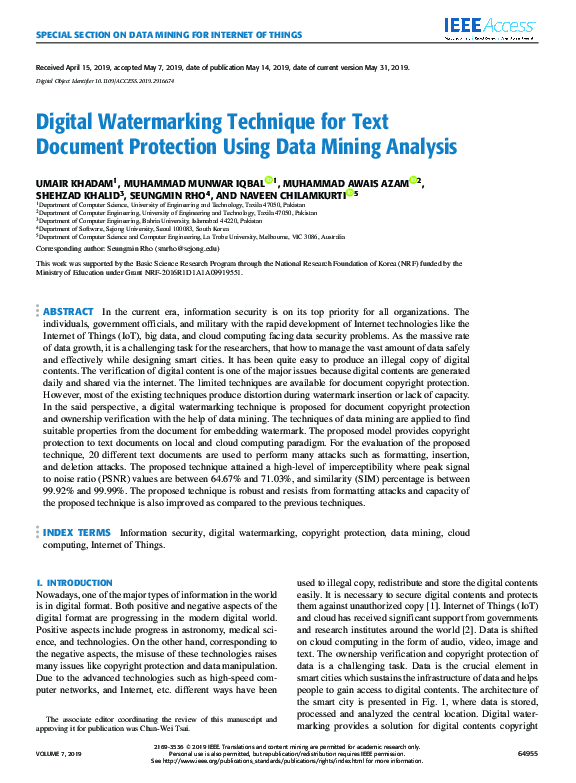 (PDF) Digital Watermarking Technique for Text Document Protection Using Data Mining Analysis