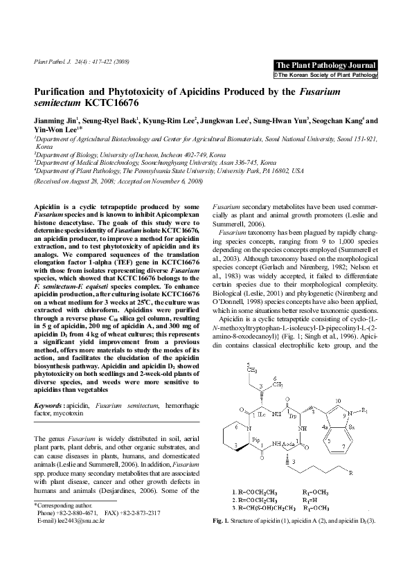 (PDF) Purification and Phytotoxicity of Apicidins Produced by the ...