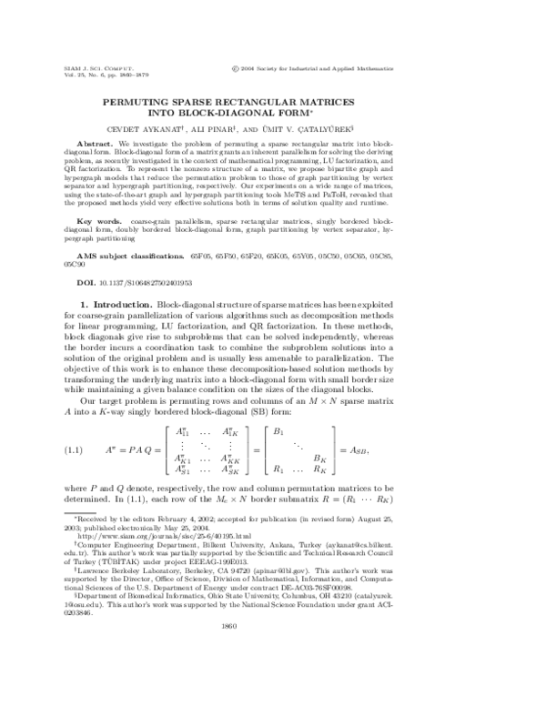(PDF) Permuting Sparse Rectangular Matrices into Block-Diagonal Form