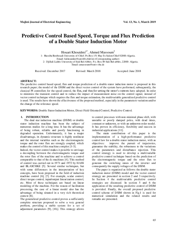 Pdf Predictive Control Based Speed Torque And Flux Prediction Of A Double Stator Induction Motor