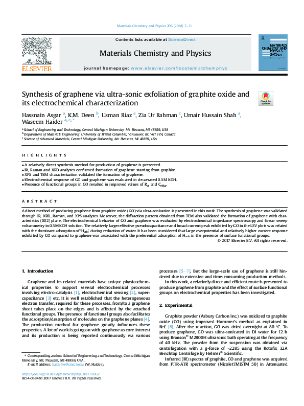 (PDF) Synthesis of graphene via ultra-sonic exfoliation of graphite oxide and its ...