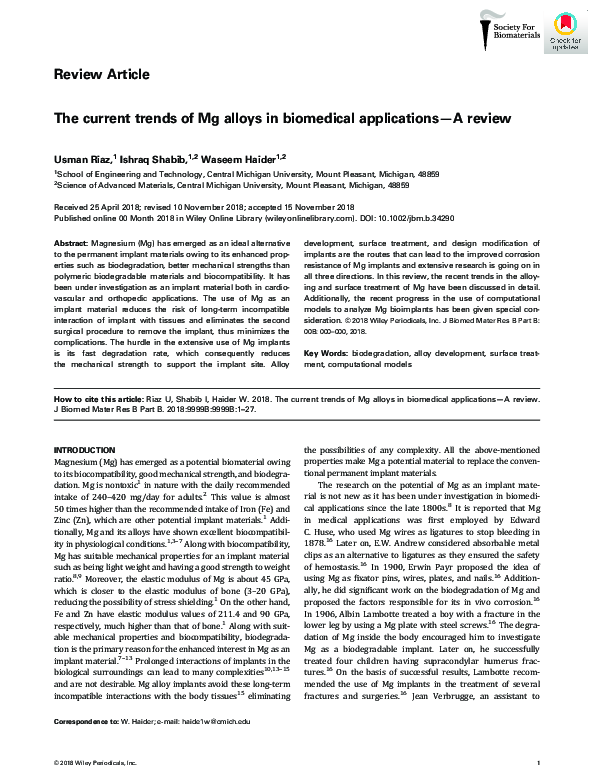 (PDF) The current trends of Mg alloys in biomedical applications—A review