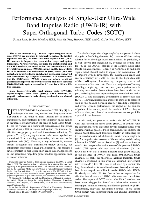 (PDF) Performance Analysis of Single-User Ultra-Wide Band Impulse Radio (UWB-IR) with Super ...