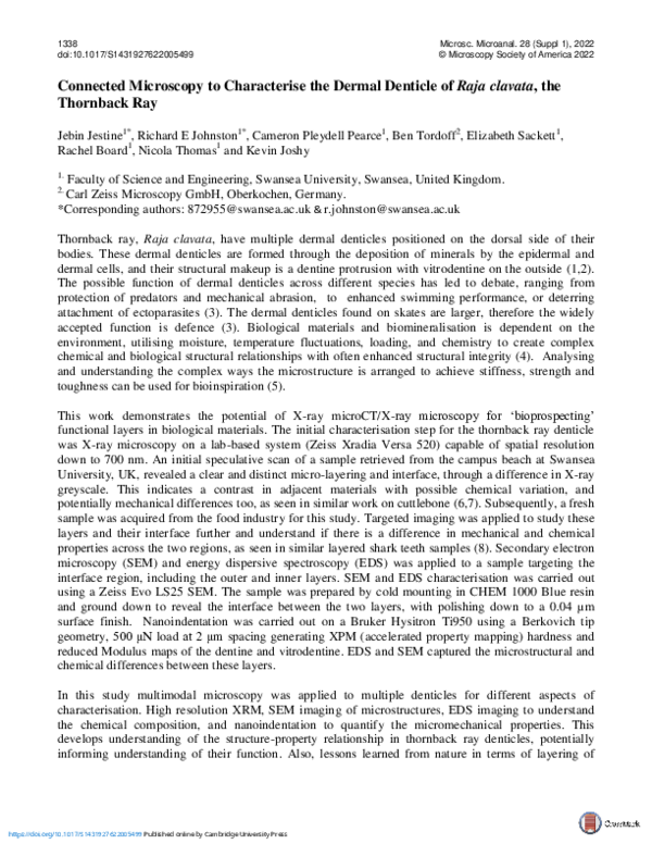 (PDF) Connected Microscopy to Characterise the Dermal Denticle of Raja ...