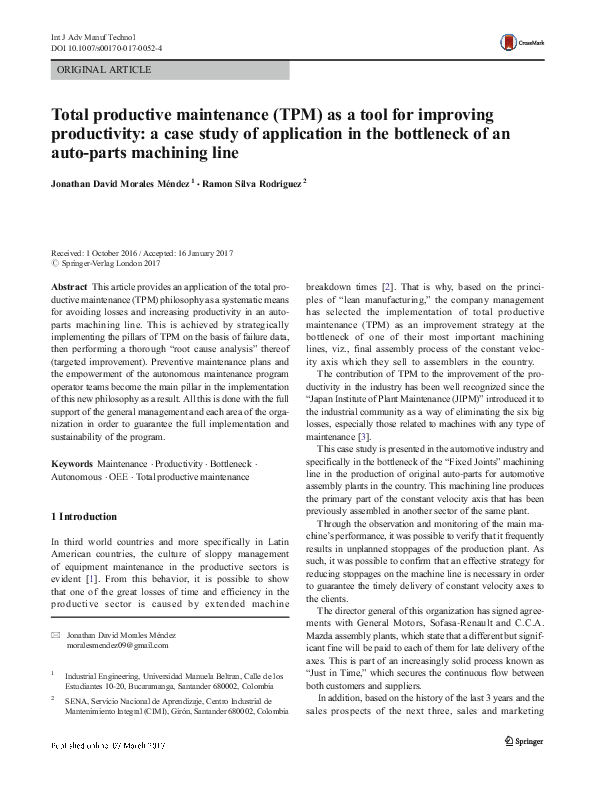 (PDF) Total productive maintenance (TPM) as a tool for improving productivity: a case study of ...