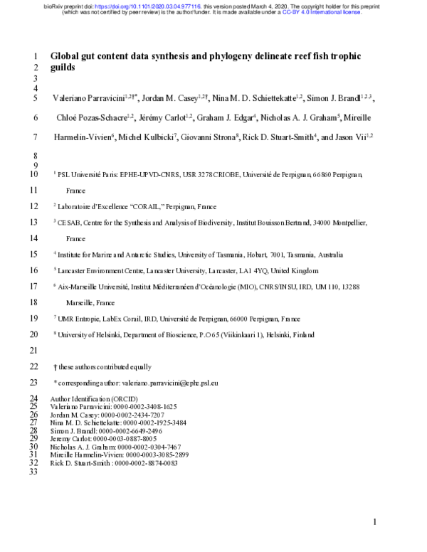 (PDF) Global gut content data synthesis and phylogeny delineate reef ...