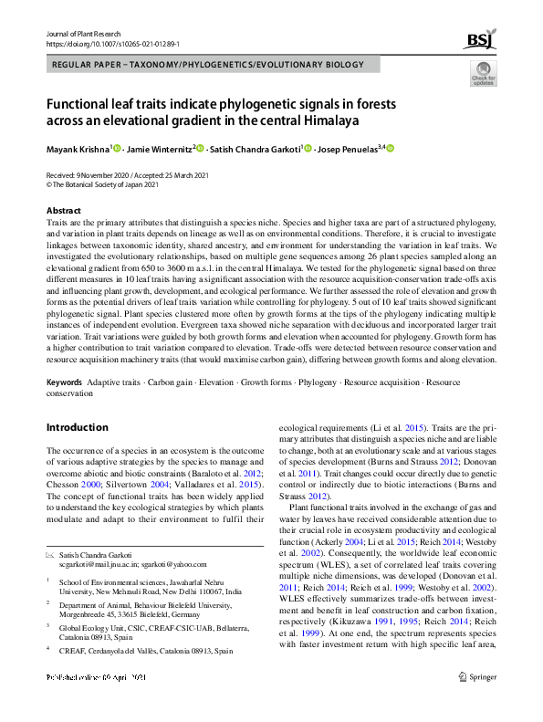 (PDF) Functional leaf traits indicate phylogenetic signals in forests across an elevational ...