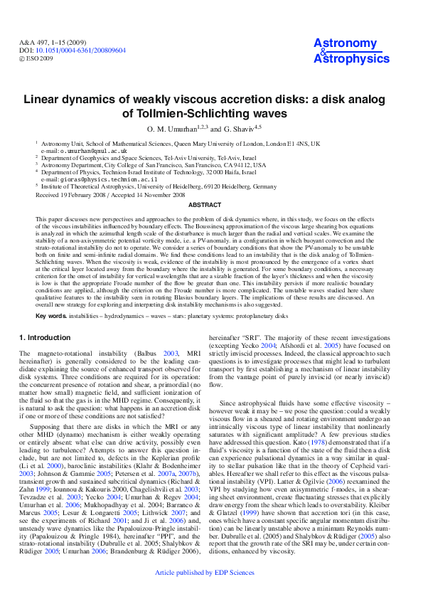 (PDF) Linear dynamics of weakly viscous accretion disks: a disk analog ...