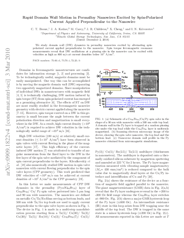 (PDF) Fast Domain Wall Motion in Permalloy Nanowires via Spin-Polarized Current