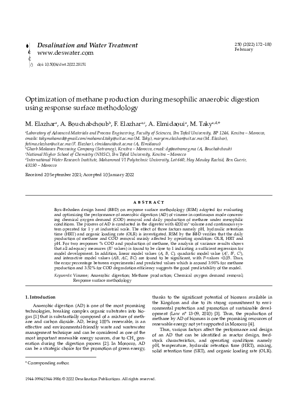 (PDF) Optimization of methane production during mesophilic anaerobic digestion using response ...