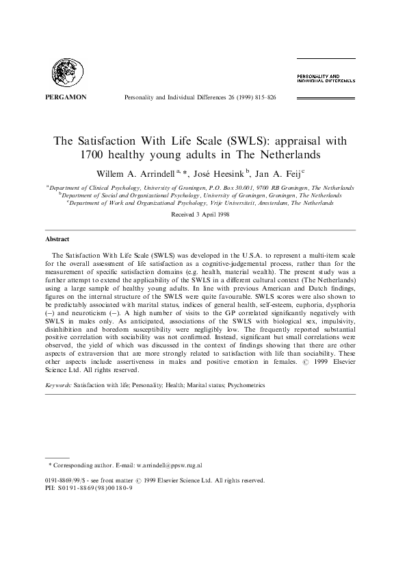 (PDF) The Satisfaction With Life Scale (SWLS): appraisal with 1700 ...