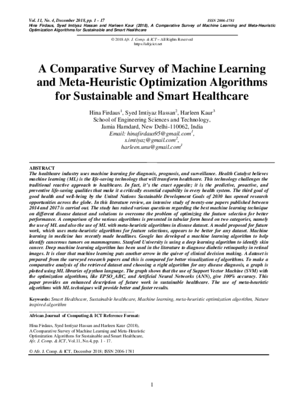 (PDF) A Comparative Survey of Machine Learning and MetaHeuristic Optimization Algorithms for ...