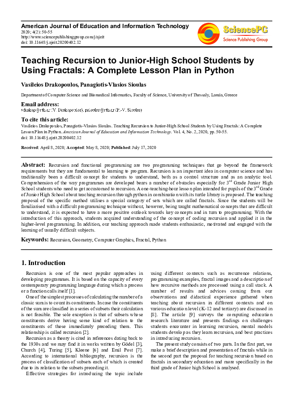 (PDF) Teaching Recursion to Junior-High School Students by Using Fractals: A Complete Lesson ...