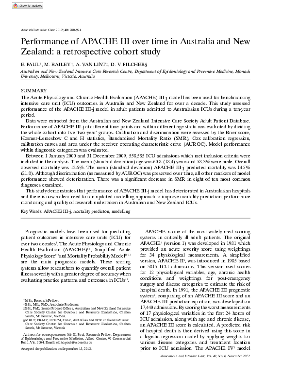 (PDF) Performance of Apache III over Time in Australia and New Zealand ...