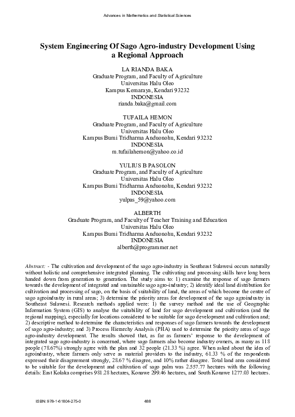 (PDF) System Engineering Of Sago Agro-industry Development Using a Regional Approach