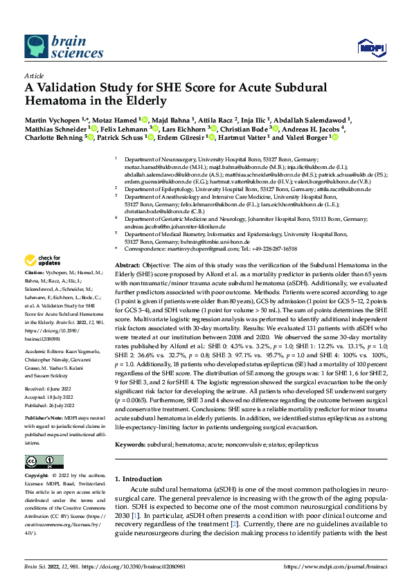 (PDF) A Validation Study for SHE Score for Acute Subdural Hematoma in ...