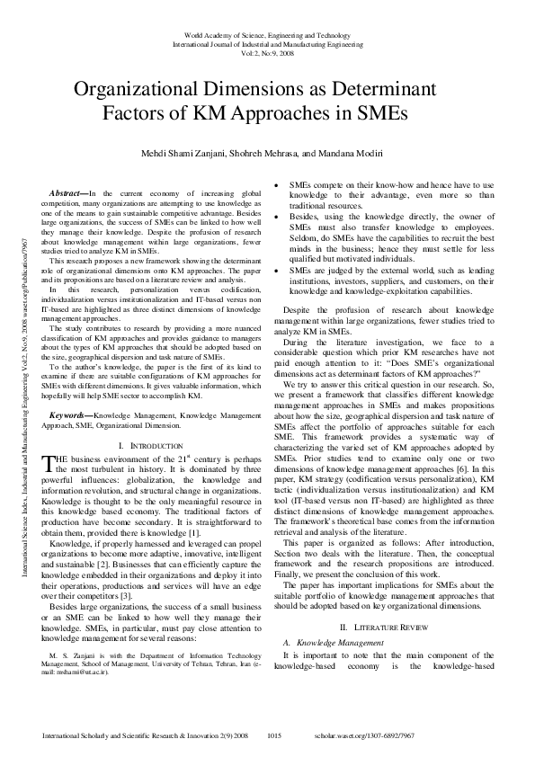 (PDF) Organizational Dimensions As Determinant Factors Of Km Approaches ...
