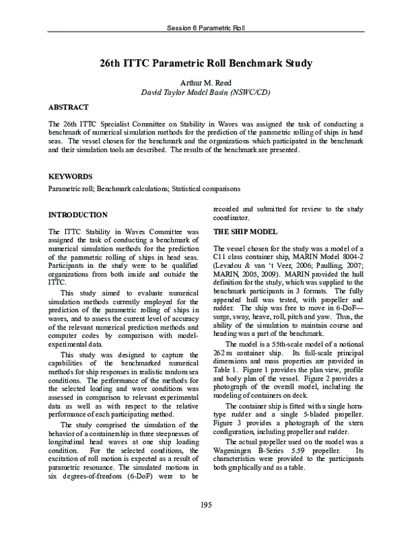 (PDF) 26th ITTC Parametric Roll Benchmark Study