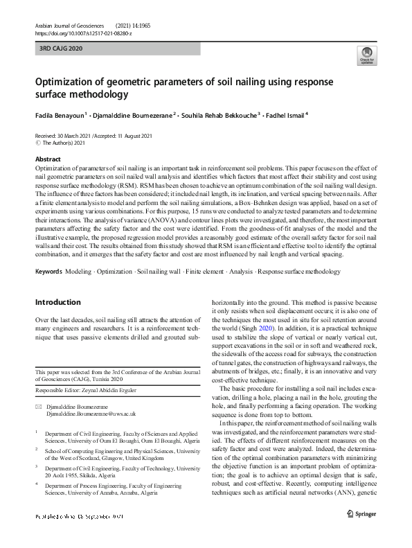 (PDF) Optimization of geometric parameters of soil nailing using response surface methodology