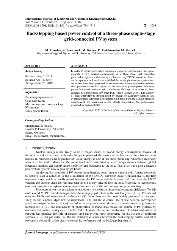 Pdf Backstepping Based Power Control Of A Three Phase Single Stage