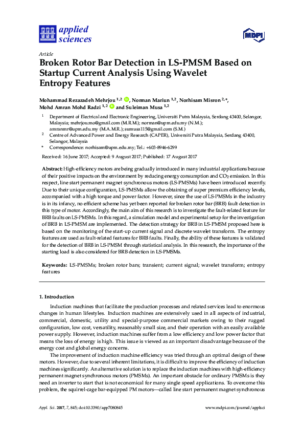 Pdf Broken Rotor Bar Detection In Ls Pmsm Based On Startup Current
