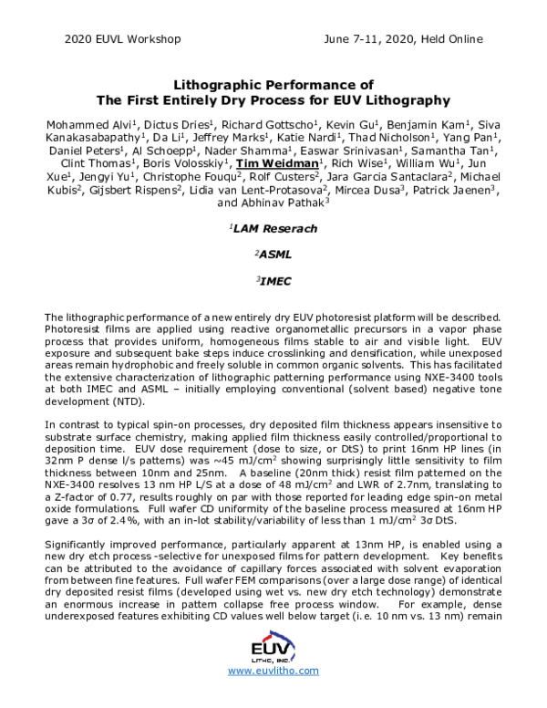(PDF) The First Entirely Dry Process for EUV Lithography