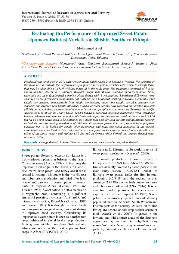 (PDF) Evaluating the Performance of Improved Sweet Potato (Ipomoea Batatas) Varieties at Shishir ...