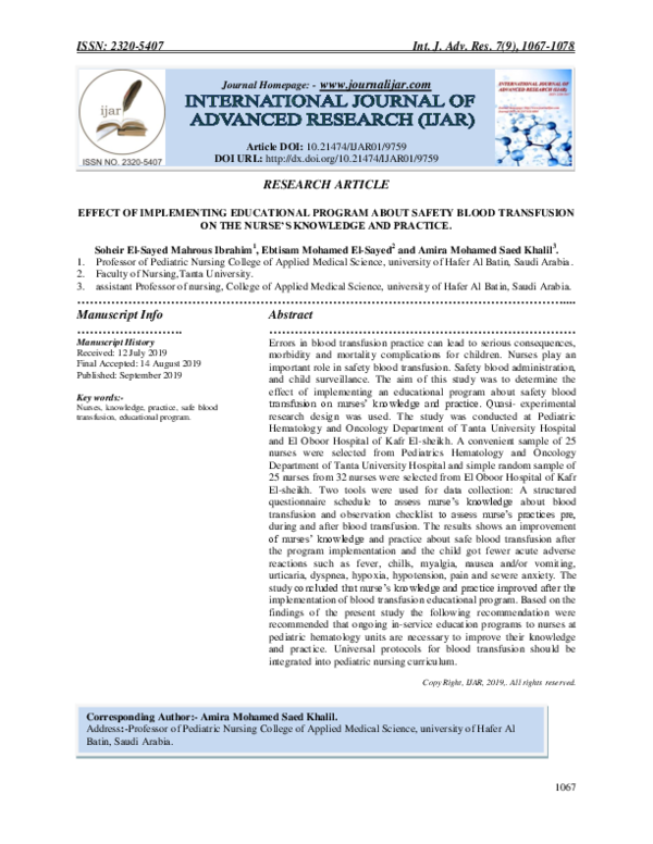 (PDF) Effect of Implementing Educational Program About Safety Blood Transfusion on the Nurses ...