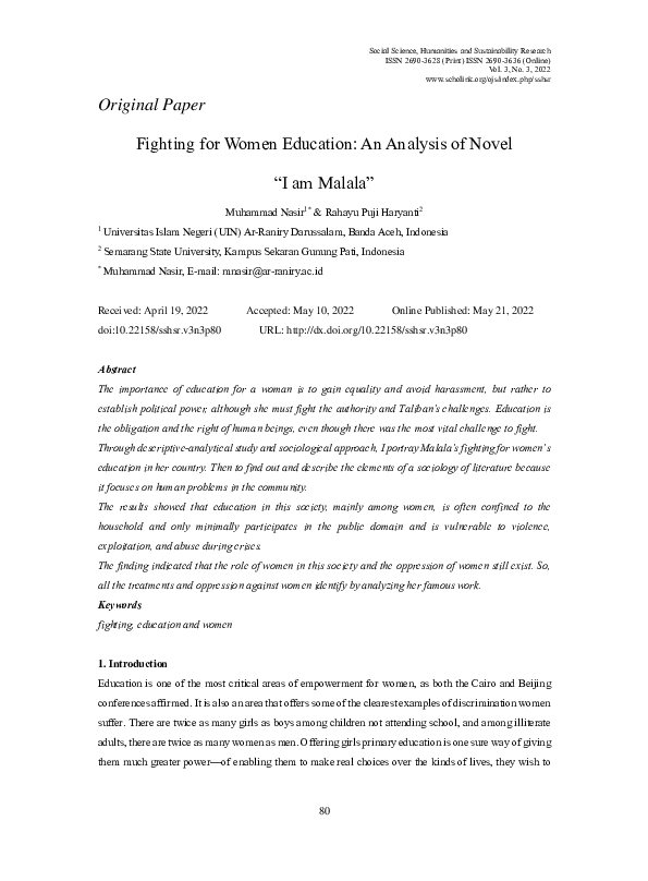(PDF) Fighting for Women Education: An Analysis of Novel “I am Malala”