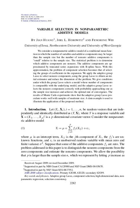 Pdf Variable Selection In Nonparametric Additive Models Joel