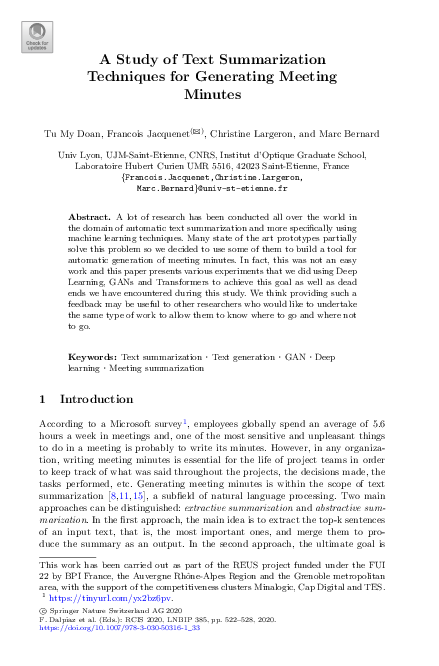 (PDF) A Study of Text Summarization Techniques for Generating Meeting ...