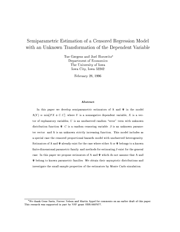 (PDF) Semiparametric estimation of a censored regression model with an unknown transformation of ...