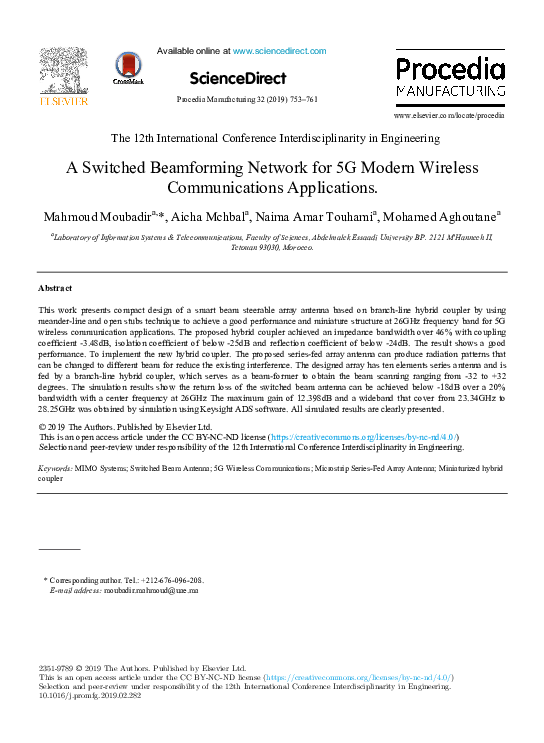 (PDF) A Switched Beamforming Network for 5G Modern Wireless Communications Applications