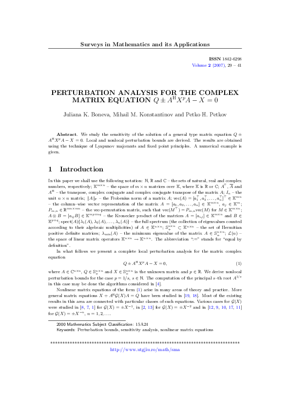 (PDF) Perturbation Analysis for the Complex Matrix Equation X – Ah √X-1 a = I