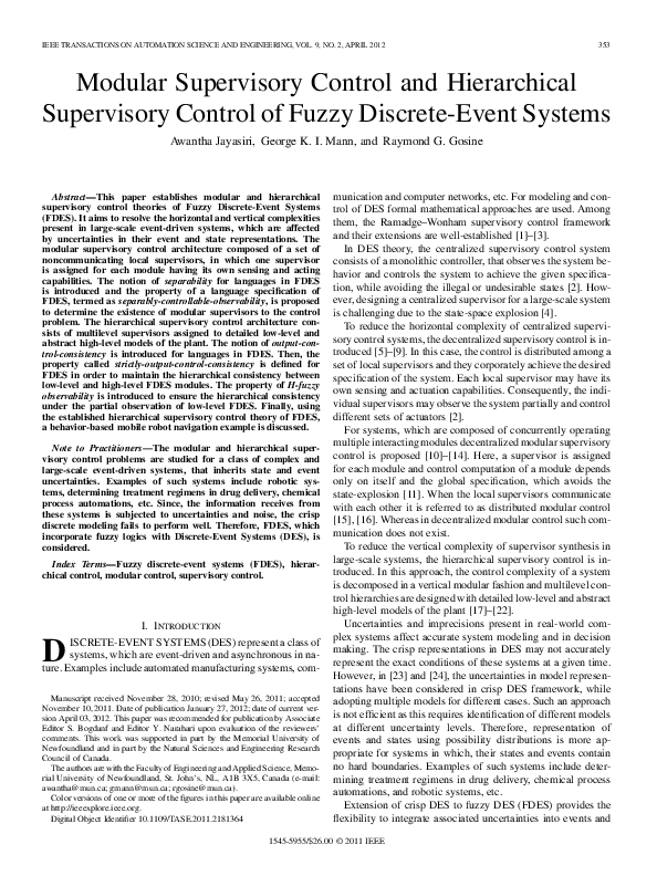 (PDF) Modular Supervisory Control and Hierarchical Supervisory Control of Fuzzy Discrete-Event ...