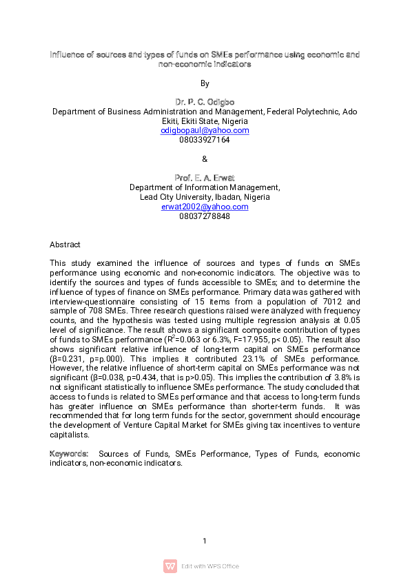 (PDF) Influence of sources and types of finance on SME performance using economic and non ...