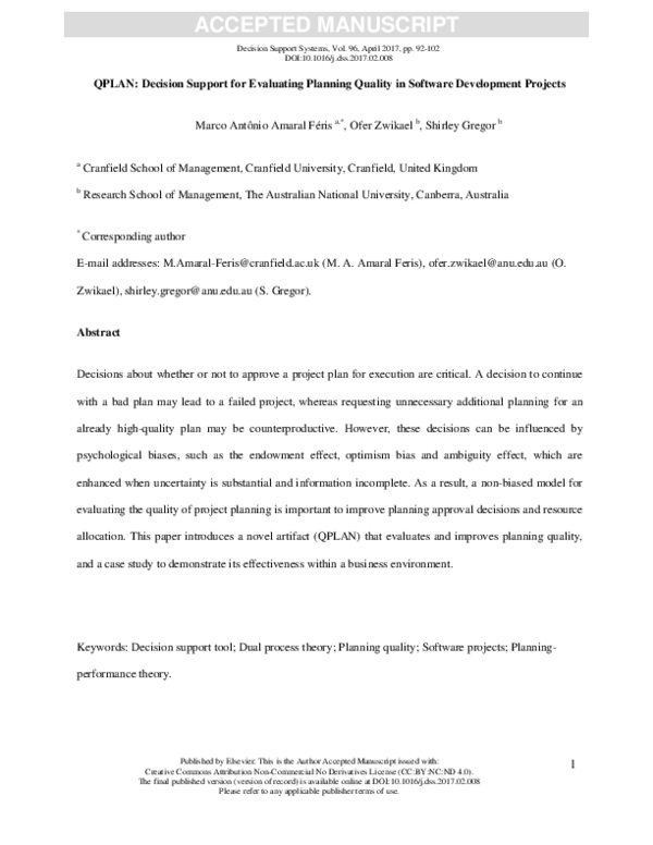 (PDF) QPLAN: Decision support for evaluating planning quality in software development projects