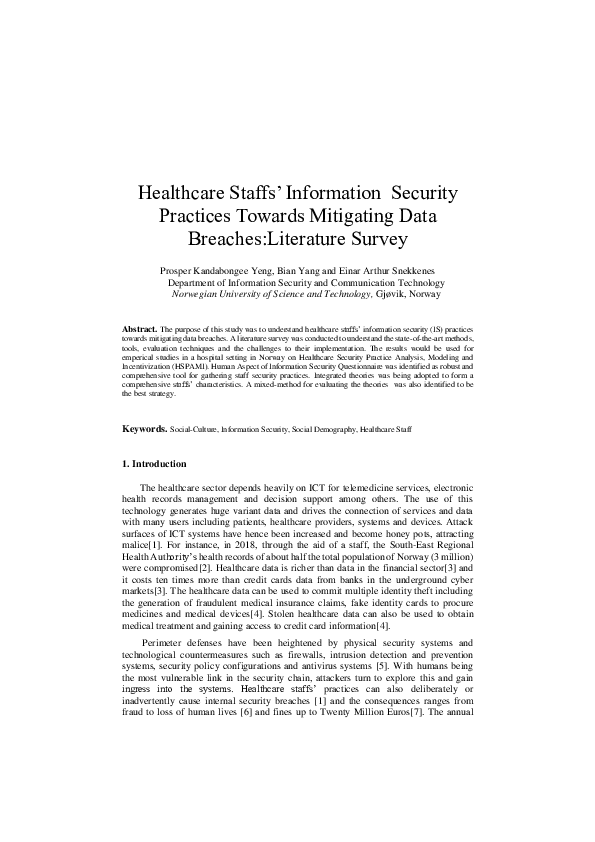 (PDF) Healthcare Staffs' Information Security Practices Towards Mitigating Data Breaches: A ...