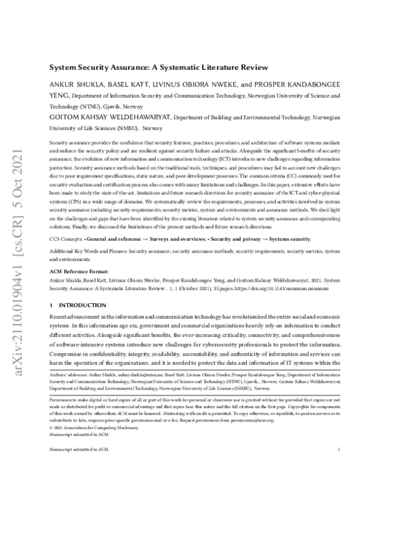 Pdf System Security Assurance A Systematic Literature Review