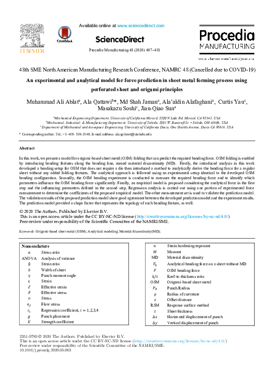 (PDF) An experimental and analytical model for force prediction in sheet metal forming process ...