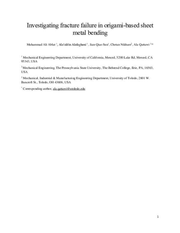 (PDF) Investigating Fracture Failure in Origami-based Sheet Metal Bending