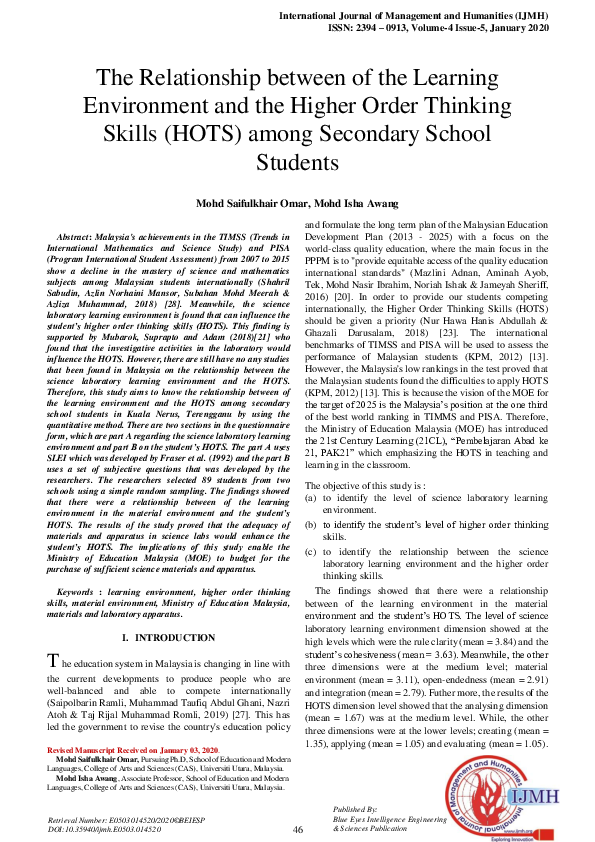 (PDF) The Relationship between of the Learning Environment and the Higher Order Thinking Skills ...