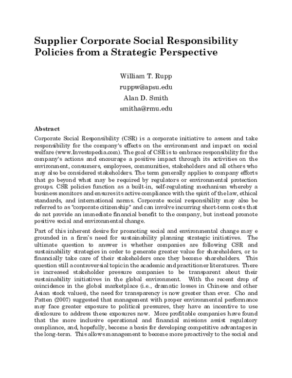 (PDF) Supplier Corporate Social Responsibility Policies from a Strategic Perspective
