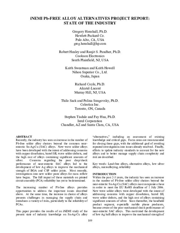 (PDF) iNEMI Pb-free alloy alternatives project report: State of the ...
