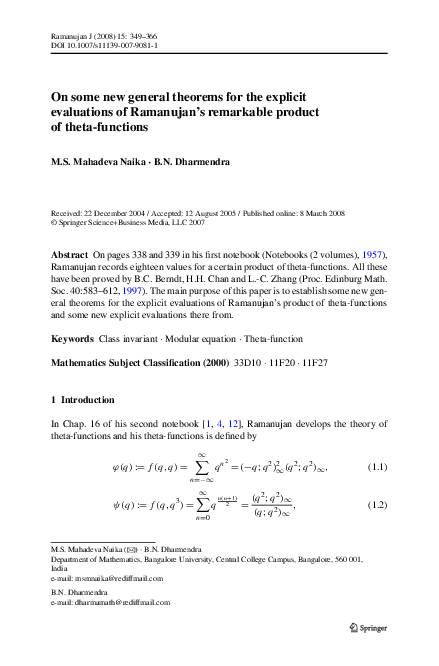 (PDF) On some new general theorems for the explicit evaluations of Ramanujan’s remarkable ...