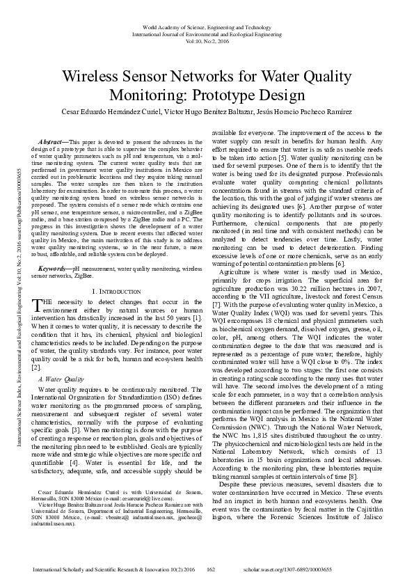 (PDF) Wireless Sensor Networks For Water Quality Monitoring: Prototype Design